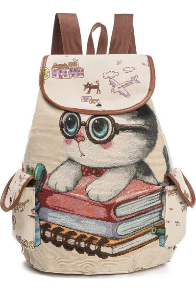Kadın Kedi Desenli Retro Okul Çantası (Yurt Dışından)