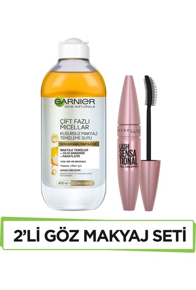 Garnier Çift Fazlı Micellar Makyaj Temizleme Suyu + Maybelline New York Lash Sensational Siyah Maskara Garnier Çift Fazlı Micellar Makyaj Temizleme Suyu + Maybelline New York Lash Sensational Siyah Maskara