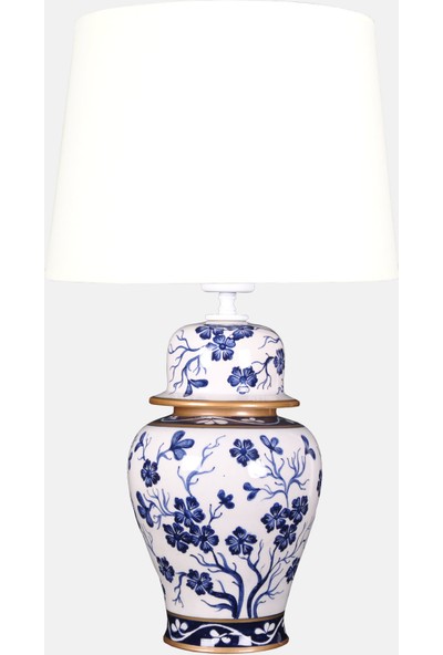 Qdec Bleu Blanc Şah Vazo Abajur Bahar Dalı Beyaz