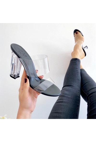 Luvi T3SİYAH Şeffaf Çiftbant Yüksek Ökçeli Kadın Terlik Siyah