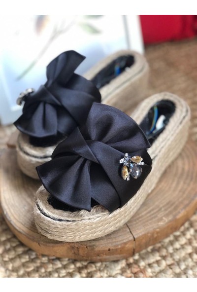 Luvi T02 Siyah Saten Taşlı Kadın Terlik Siyah