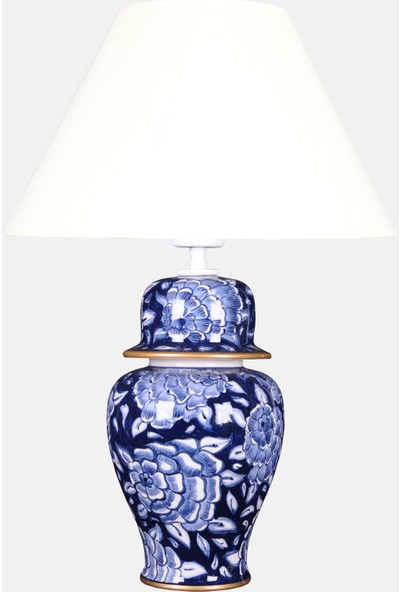 Qdec Bleu Blanc Şah Vazo Abajur Taramalı Gül Beyaz