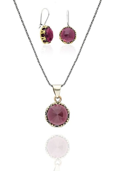 Aykat Ametist Taşlı Otantik Gümüş Bayan Küpe Kolye Ucu SET-375