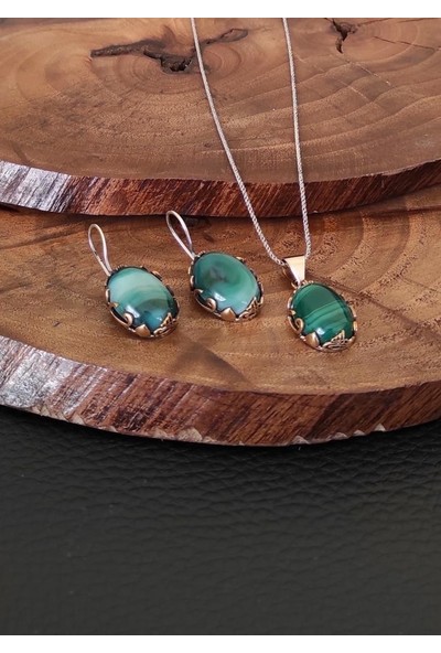 Aykat Malahit Taşlı Otantik Gümüş Bayan Küpe Kolye SET-390