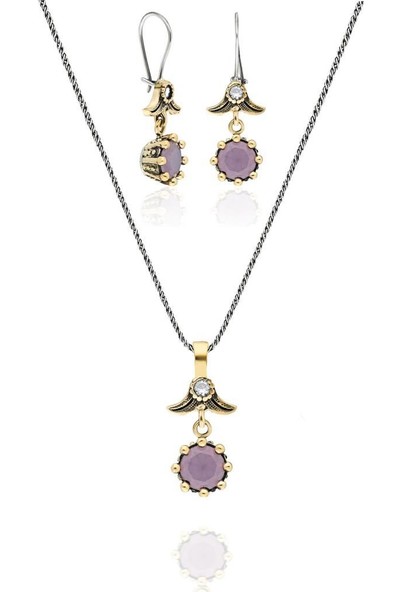 Aykat Pembe Kuvars Taşlı Otantik Gümüş Bayan Küpe ve Kolye Ucu SET-369