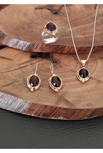 Aykat Ametist Taşlı Otantik Gümüş Yüzük Küpe Kolye Takım SET-389