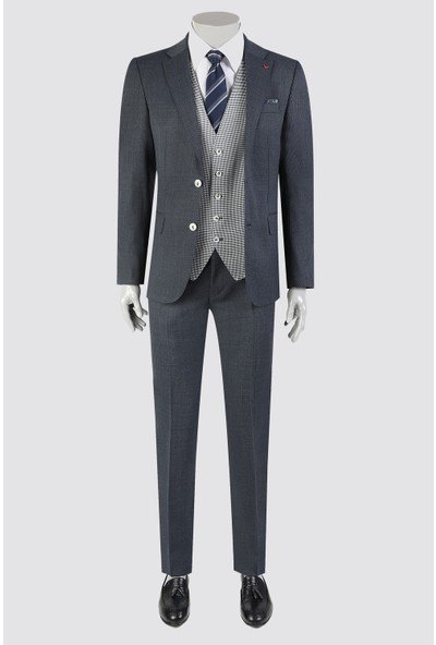 Ds Damat Slim Fit Lacivert Armürlü Kombinli Takım Elbise