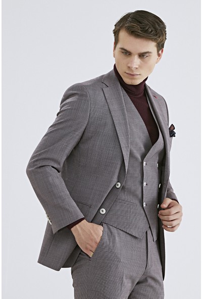 D's Damat Erkek Slim Fit Kırmızı Yelekli Takım Elbise