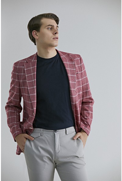 Ds Damat Slim Fit Kırmızı Ekoseli Kumaş Ceket