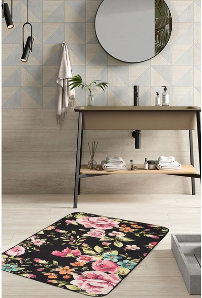 Hamur Floral 75x125 cm Banyo Paspası Kaymaz Taban Banyo Halısı