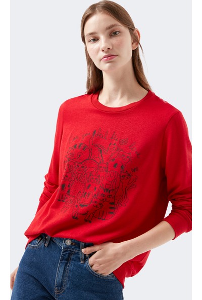 Mavi Kadın Kedi Baskılı Kırmızı Sweatshirt 1600411-32421