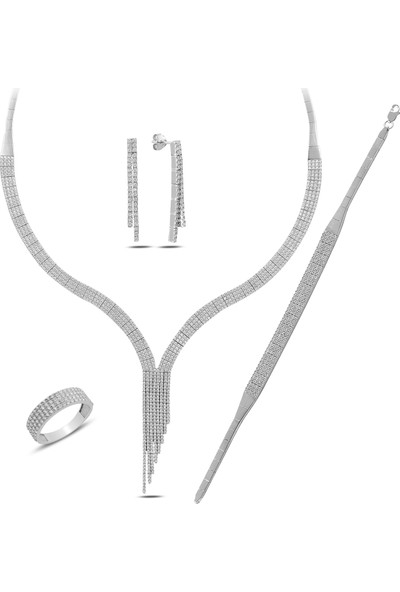 Barış Takı 925 Ayar Gümüş Salkım 4 Sıra Su Yolu Kadın Düğün Seti Barış Takı 925 Ayar Gümüş Salkım 4 Sıra Su Yolu Kadın Düğün Seti
