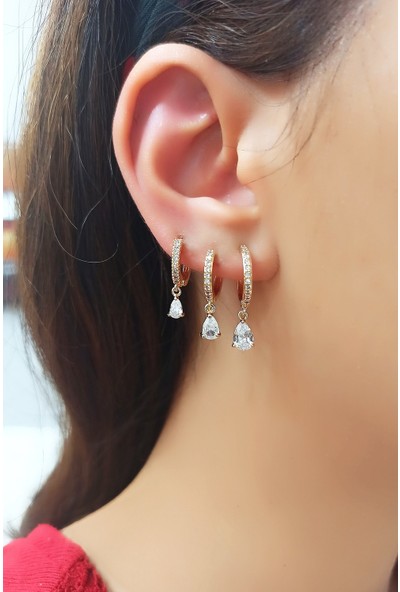 ÇLK Accessories Zirkon 3'lü Damla Taşlı Küpe B300