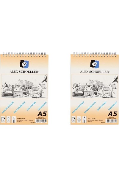 Alex Schoeller ALX-821 Eskiz Blok A5 90 Gram Spiralli 60 Yaprak 2'li Alex Schoeller ALX-821 Eskiz Blok A5 90 Gram Spiralli 60 Yaprak 2'li