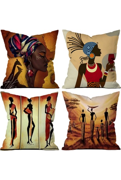 Sweet Home Arts Afrikalı Kadın 4'lü Yastık Kırlent Kılıfı Sweet Home Arts Afrikalı Kadın 4'lü Yastık Kırlent Kılıfı
