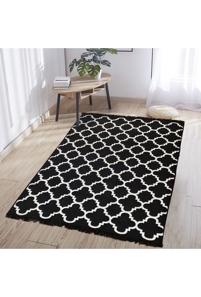 MarkaEv Cotton Siyah Beyaz Çift Taraflı Kilim 60 x 120 cm