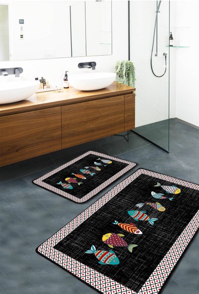 Evimod Sea Balıklı Yıkanabilir 2'li Banyo Halısı Paspas Klozet Takımı