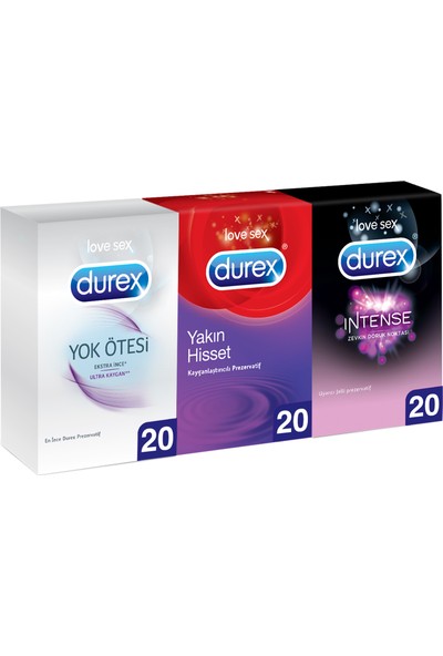 Durex Yok Ötesi Ult Kaygan 20li + Yakın Hisset 20li + Intense 20li Durex Yok Ötesi Ult Kaygan 20li + Yakın Hisset 20li + Intense 20li