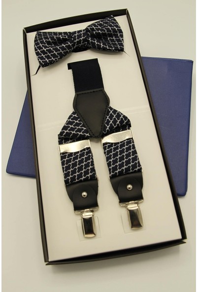 Tr10fashion Lacivert Zincir Desenli Askı Papyon Set Tr10fashion Lacivert Zincir Desenli Askı Papyon Set