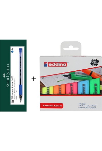 Edding Faber-Castell 1425 10 Lu Mavi Tükenmez Kalem + Edding 5 Renk Fosforlu Kalem Seti Edding Faber-Castell 1425 10 Lu Mavi Tükenmez Kalem + Edding 5 Renk Fosforlu Kalem Seti