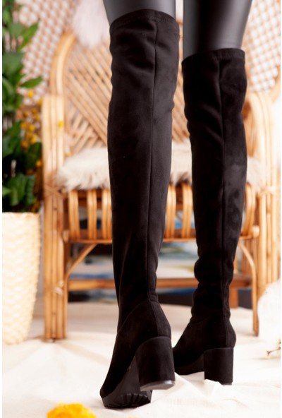Limoya Janice Siyah Süet Önden Fermuarlı Dizüstü Streç Çizme