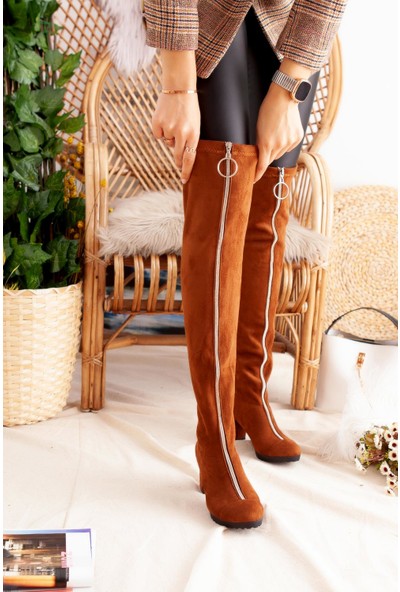 Limoya Janice Taba Süet Önden Fermuarlı Dizüstü Streç Çizme