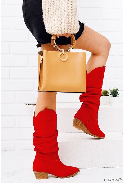 Limoya Kinslee Kırmızı Süet Körüklü Alçak Topuklu Koybov Tarzı Çizme