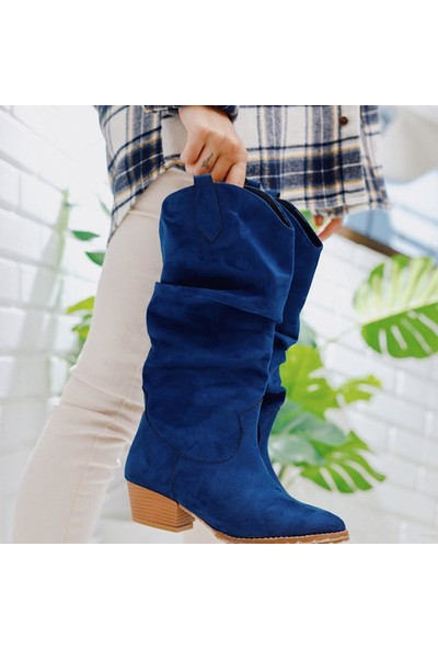 Limoya Kinslee Lacivert Süet Körüklü Alçak Topuklu Koybov Tarzı Çizme