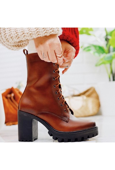 Limoya Narcis Taba Cilt Yüksek Tabanlı Topuklu Postal