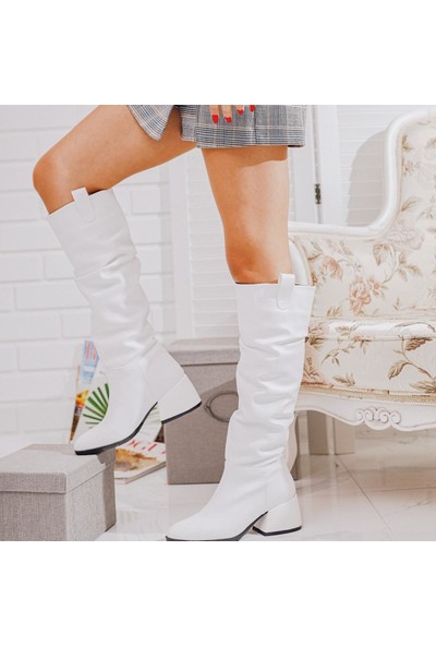 Limoya Panthera Beyaz Körüklü Çekme Çizme 6Cm Kalın Topuklu