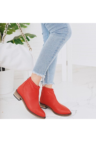 Limoya Serpent Kırmızı Deri Fermuarlı Zincir Detaylı Bilekten Lastikli Bot