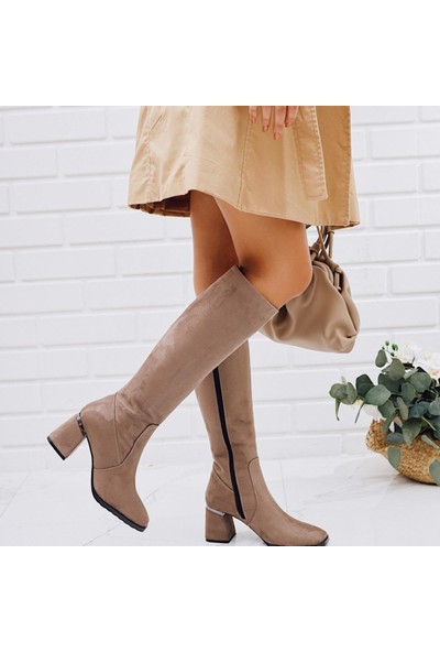 Limoya Toronto Vizon Metal Topuk Aksesuarlı Fermuarlı Köşeli Burunlu Klasik Dizaltı Çizme