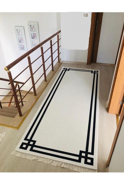 STY Home Vogue Beyaz Siyah Kaymaz Tabanlı Yıkanabilir Halı Kilim Yolluk