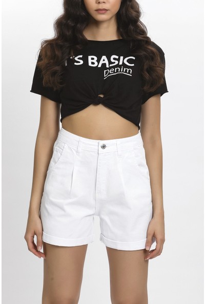 Its Basic Beyaz Önü Pileli Yüksek Bel Şort