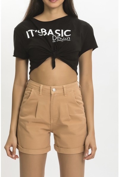 Its Basic Kadin Önü Pileli Camel Renk Yüksek Bel Jean Şort Its Basic Kadin Önü Pileli Camel Renk Yüksek Bel Jean Şort