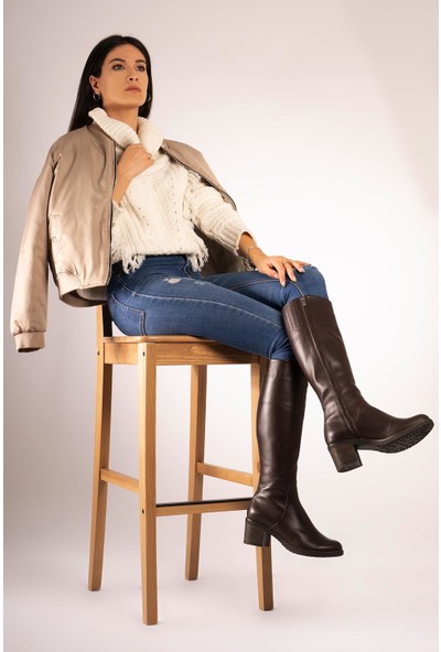 CZ London Kalın Taban Topuklu Çizme Fermuarlı Kışlık Uzun Boy