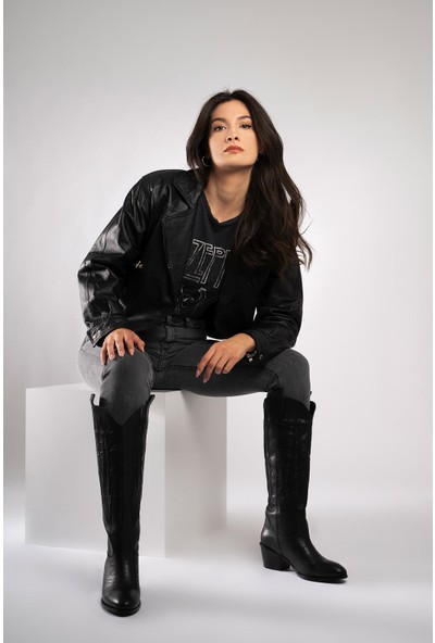 CZ London Kadın Western Çizme Nakışlı Işlemeli Uzun Bot Stili