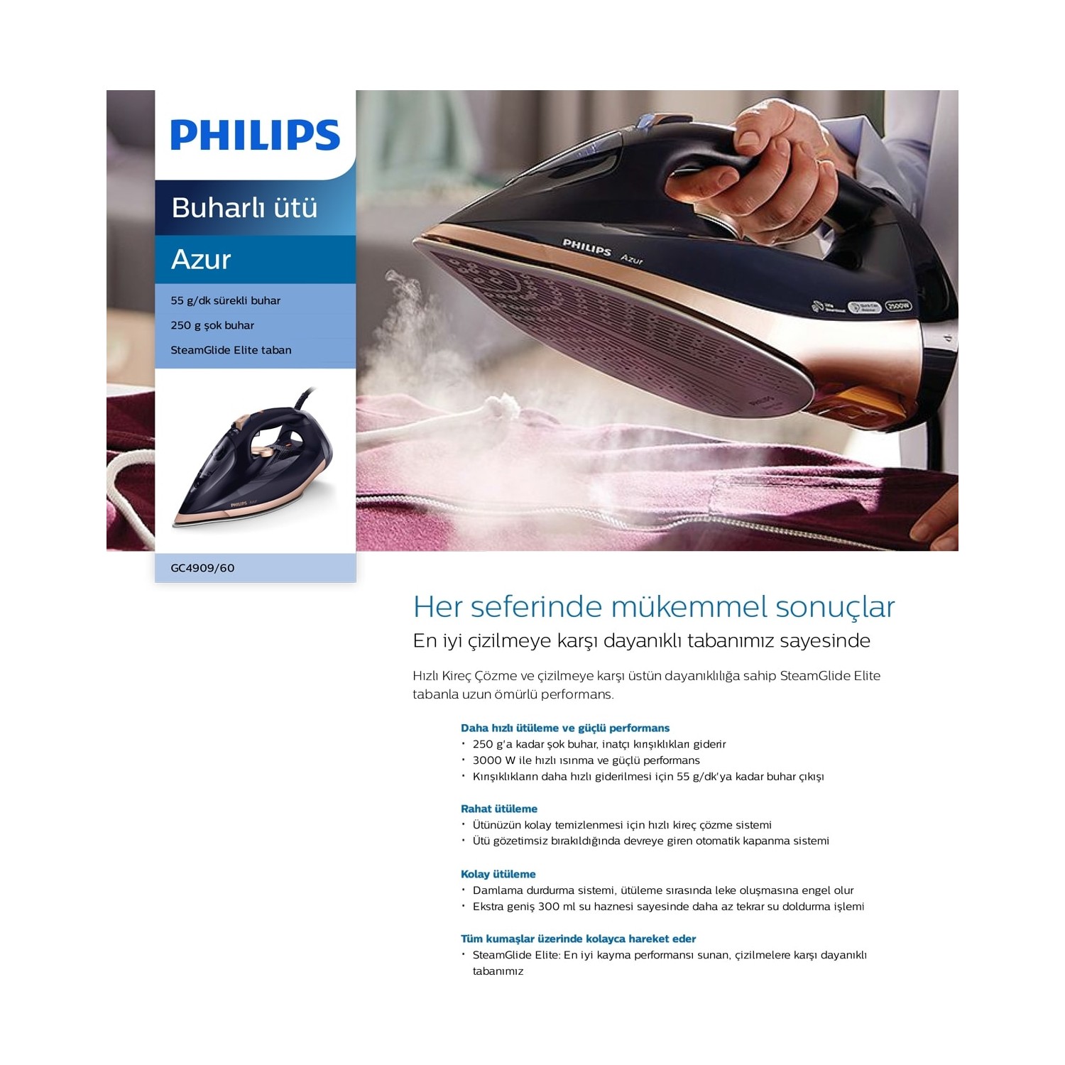 Philips Azur 3000 Watt Steamglide Elite Tabanlı 250 G Şokla Fiyatı
