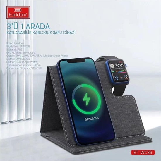 Peeq Earldom WC36 3in1 15W Magsafe Masaüstü Kablosuz Şarj Fiyatı