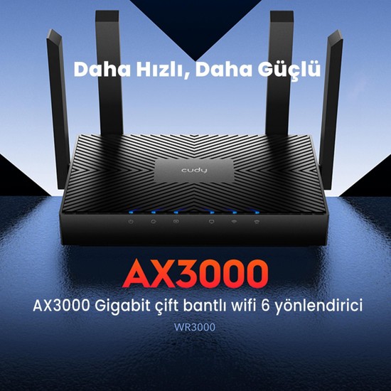 Cudy WR3000 5ghz 2402MBPS, 2.4ghz 300MBPS, 4 Port, 4X5DBI Fiyatı
