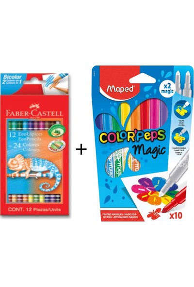 Faber-Castell 12+24 Bicolor Kuru Boya + Maped Magic 10 Renk Sihirli Keçeli Kalem Faber-Castell 12+24 Bicolor Kuru Boya + Maped Magic 10 Renk Sihirli Keçeli Kalem