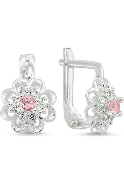 Jelux Silver Çiçek Motifli Model Pembe Zirkon Taşlı Gümüş Çocuk Küpesi