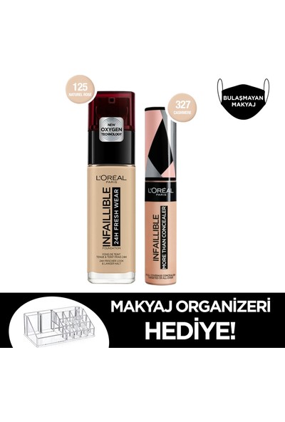 Loreal Paris 24H Fresh Wear Fondöten 125 Natural Rose & Kapatıcı 327 Cashmere + Makyaj Organizer Loreal Paris 24H Fresh Wear Fondöten 125 Natural Rose & Kapatıcı 327 Cashmere + Makyaj Organizer