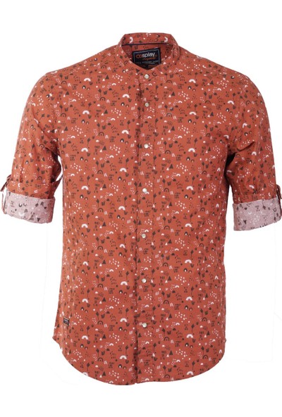 Cosplay Desenli Klüp Katlamalı Kol Slim Fit Gömlek