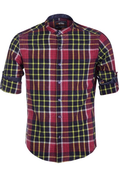 Cosplay Hakim Yaka Ekoseli Kısa Kol Slim Fit Gömlek