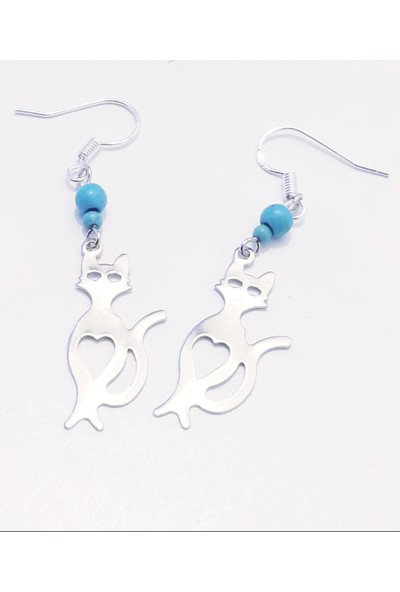 Funny Takı Turkuaz Doğaltaşlı Gümüş Klipsli Kedi Küpe