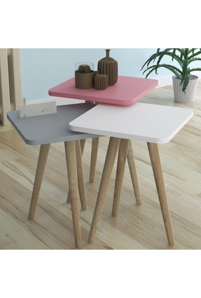 İntergo Renkli Üçlü Zigon Sehpa Ahşap Ayaklı İntergo Renkli Üçlü Zigon Sehpa Ahşap Ayaklı