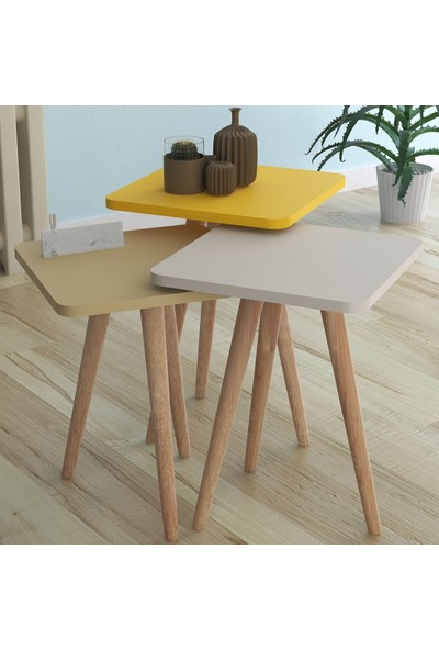 İntergo Renkli Üçlü Zigon Sehpa Ahşap Ayaklı