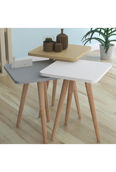 İntergo Renkli Üçlü Zigon Sehpa Ahşap Ayaklı