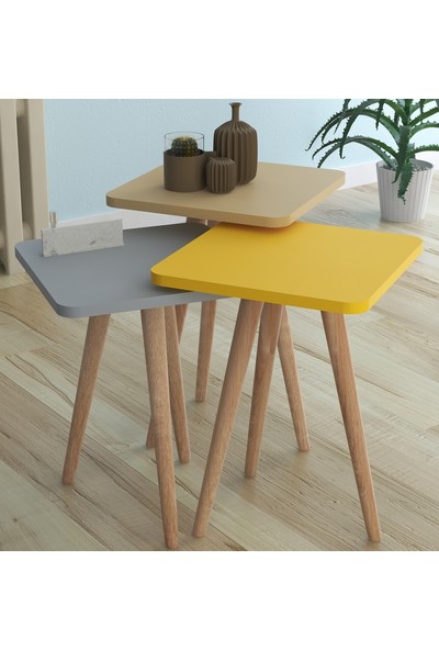 İntergo Renkli Üçlü Zigon Sehpa Ahşap Ayaklı